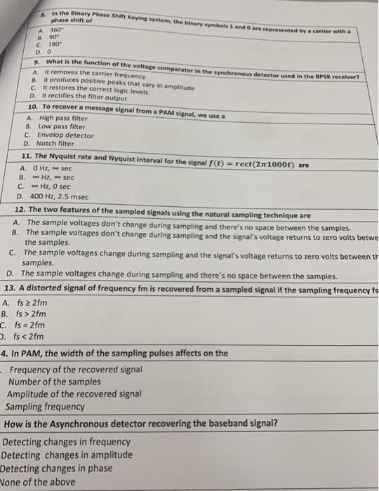 Solved 8. In the Binary Phase Shift Keying system, the | Chegg.com