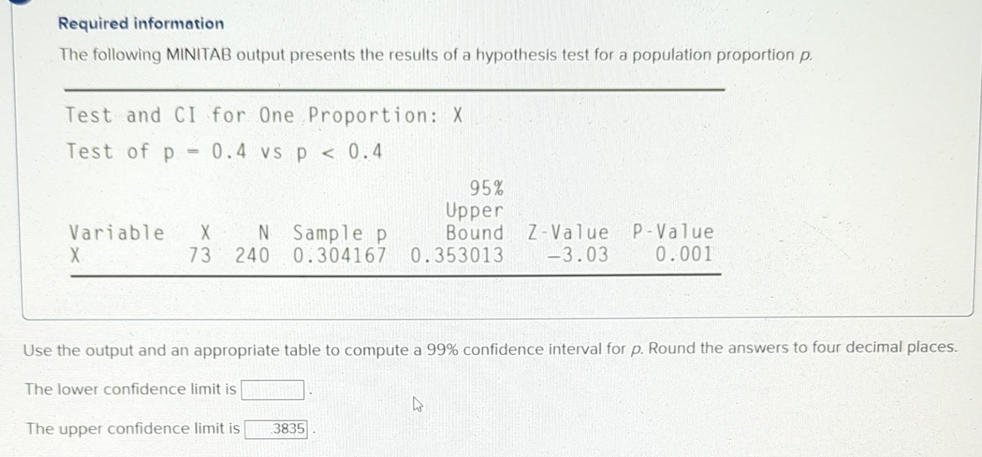 Solved Required information The following MINITAB output | Chegg.com