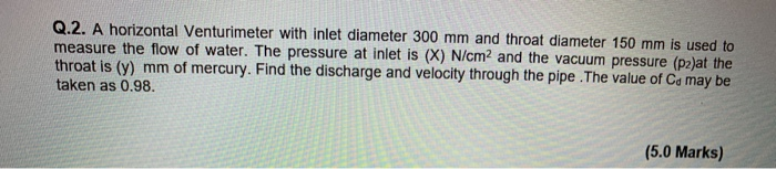 Solved Q.2. A horizontal Venturimeter with inlet diameter | Chegg.com