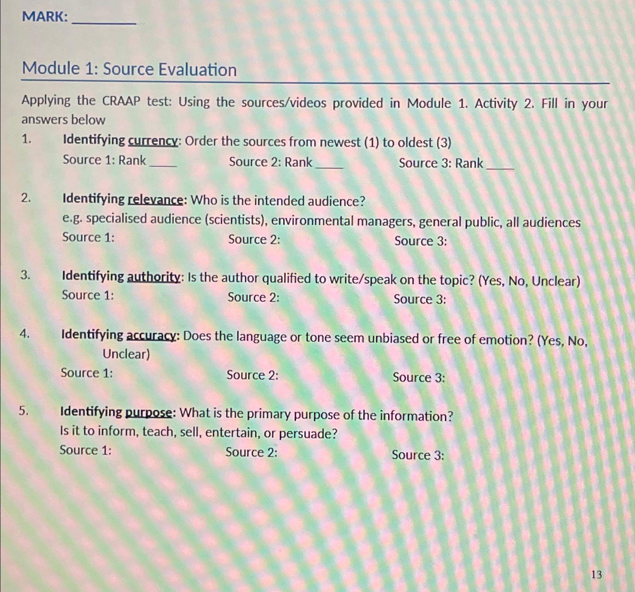 Solved MARK:Module 1: Source EvaluationApplying the CRAAP | Chegg.com