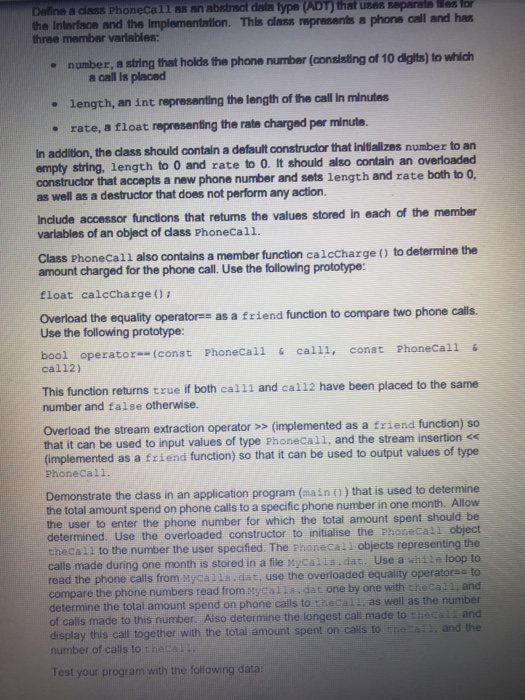 Solved Daline a dess Phonecall as an abstract data type | Chegg.com
