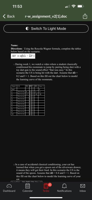 Solved Directions: Using the Rescola-Wagner formula, | Chegg.com