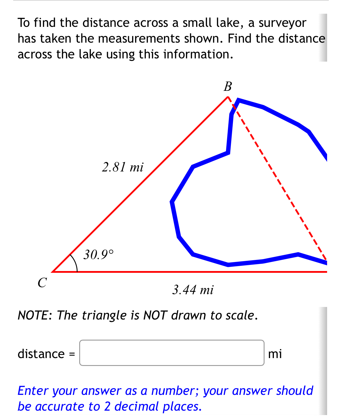 Solved To find the distance across a small lake, a surveyor | Chegg.com