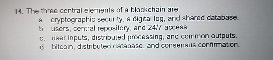 Solved The three central elements of a blockchain are:a. | Chegg.com