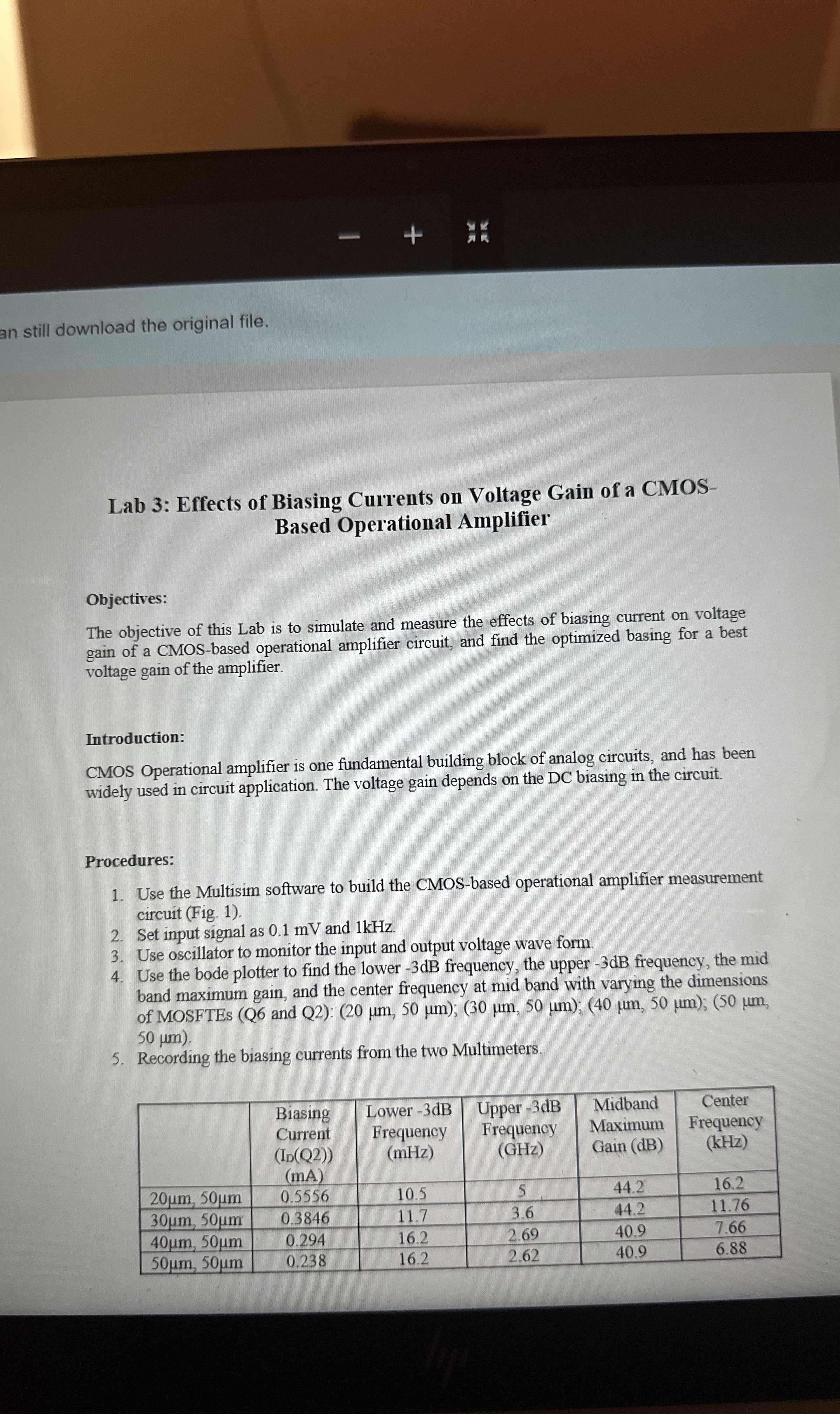 Solved Lab 3: Effects of Biasing Currents on Voltage Gain of | Chegg.com