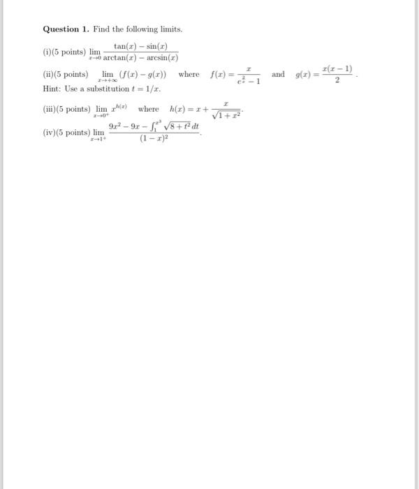 Question 1. Find the following limits. (i) (5 points) | Chegg.com