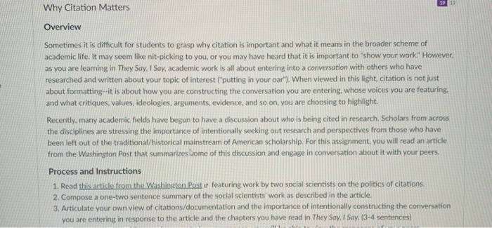 Solved 19 Why Citation Matters Overview Sometimes it is | Chegg.com