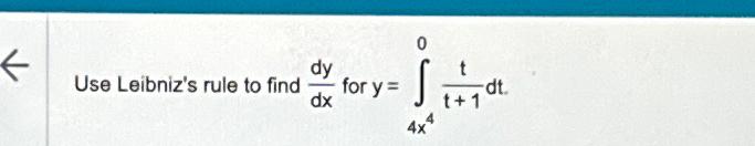 Solved Use Leibniz's rule to find dydx ﻿for y=∫4x40tt+1dt. | Chegg.com