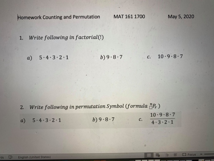Solved Homework Counting and Permutation MAT 161 1700 May 5, | Chegg.com