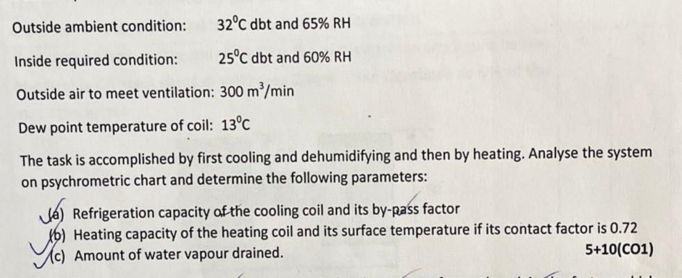 Solved Outside ambient condition: 32∘Cdbt and 65%RH Inside | Chegg.com