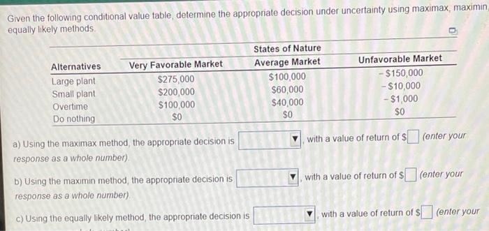 Solved Given the following conditional value table, | Chegg.com