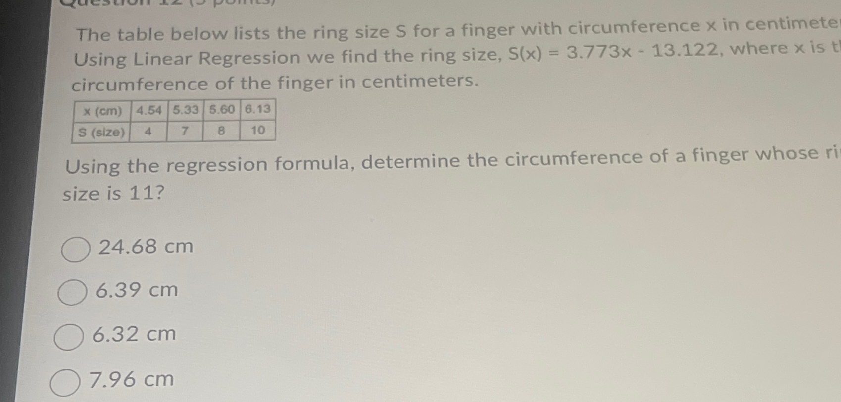 Solved The table below lists the ring size S ﻿for a finger | Chegg.com