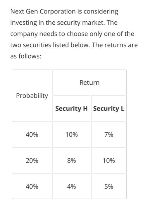 Solved Next Gen Corporation is considering investing in the | Chegg.com