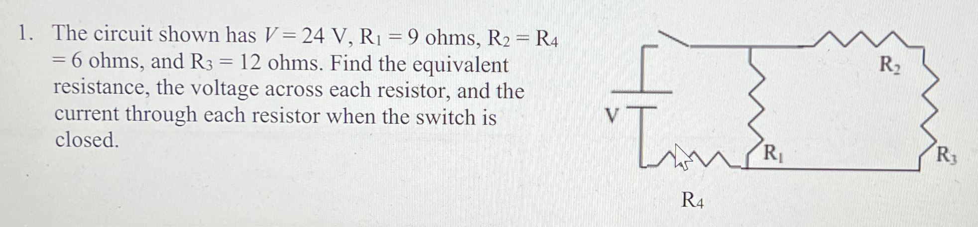 Solved The circuit shown has V=24V,R1=9 ﻿ohms, R2=R4 =6ohms, | Chegg.com