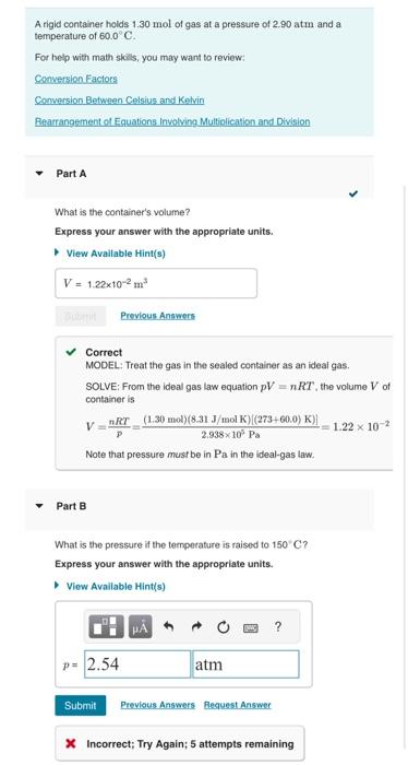 Solved A rigid container holds 1.30 mol of gas at a pressure | Chegg.com