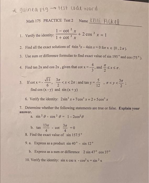 Solved -> * guinea pig test code word Math 175 PRACTICE Test | Chegg.com