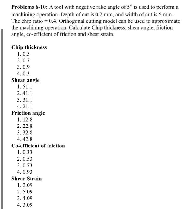 Solved Problems 6-10: A tool with negative rake angle of 5∘ | Chegg.com
