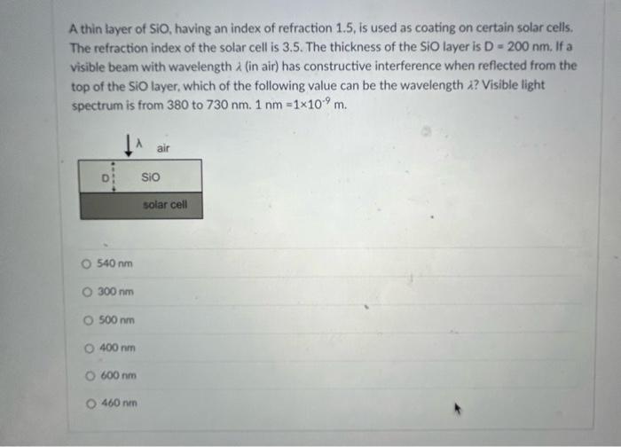 Solved A thin layer of SiO, having an index of refraction | Chegg.com