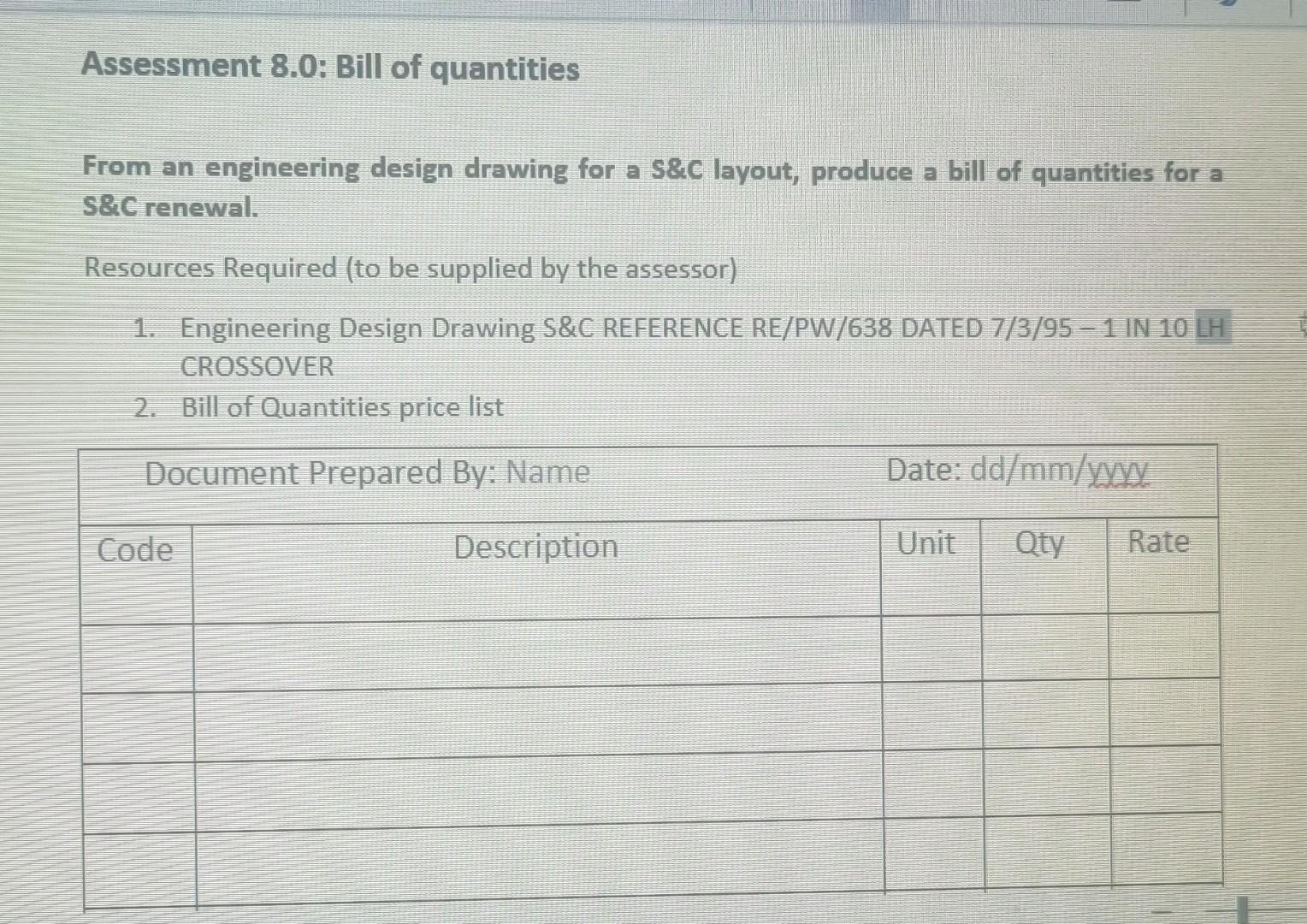 Solved Assessment 8.0: Bill of quantities From an | Chegg.com