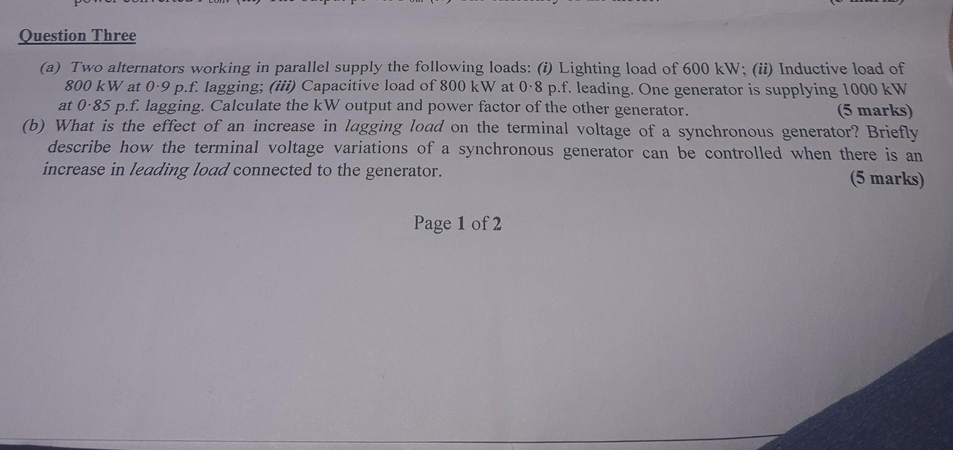 Solved (a) Two alternators working in parallel supply the | Chegg.com