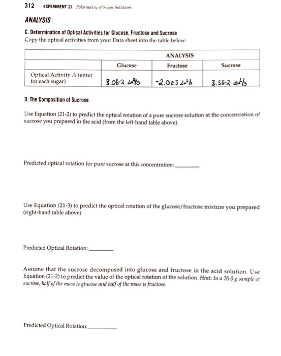 310 EXPERIMENT 21 Polarimetry of Sugar Solutions D. | Chegg.com