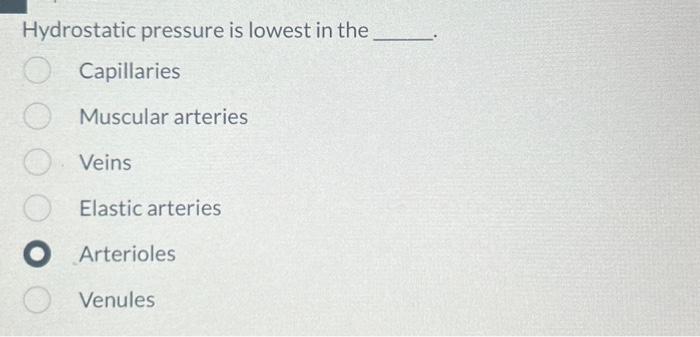 Hydrostatic pressure is lowest in the Capillaries | Chegg.com