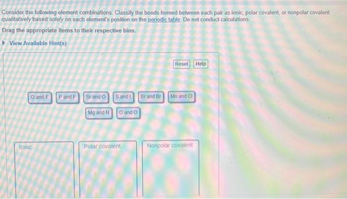 Solved Consider the following element combinations. Classify | Chegg.com