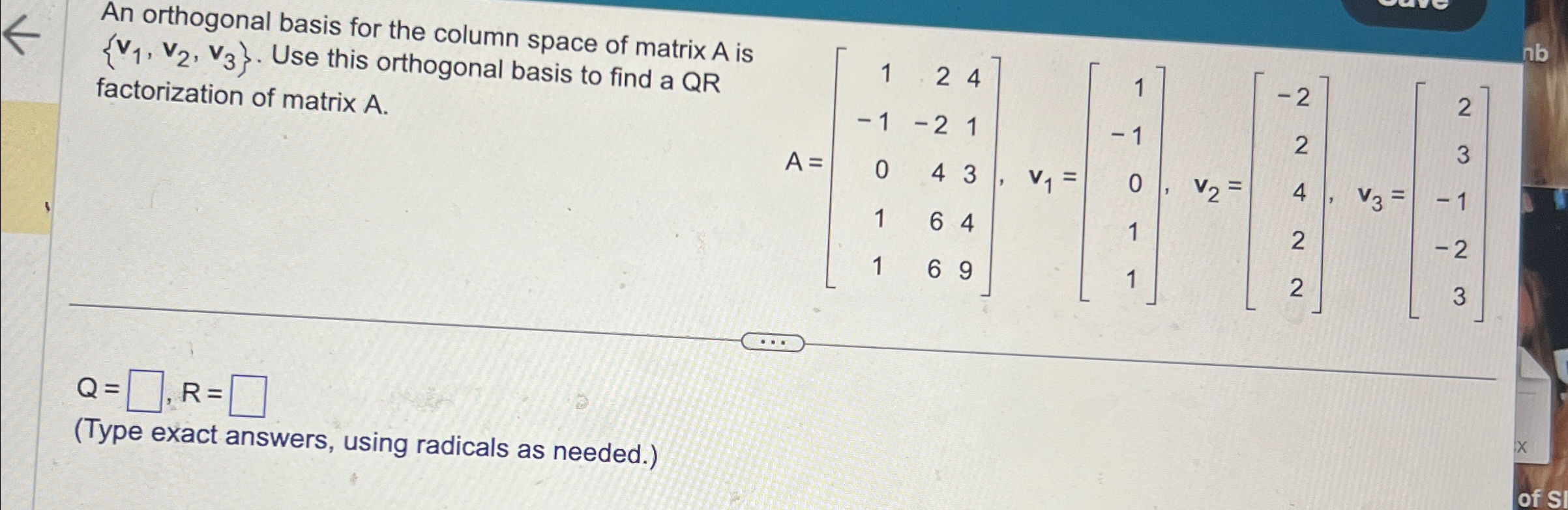 Solved An orthogonal basis for the column space of matrix A | Chegg.com