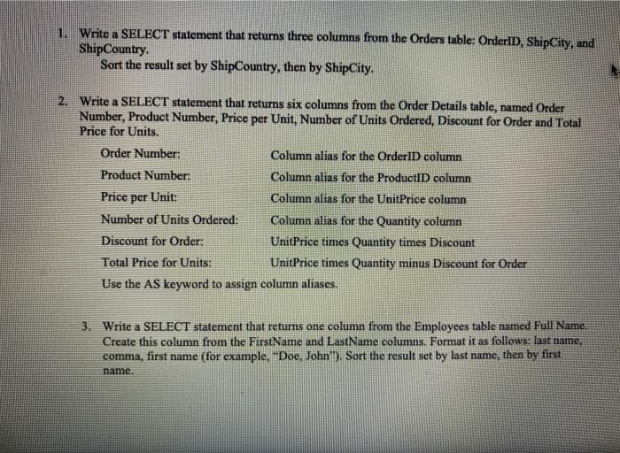 Solved 1. Write a SELECT statement that returns three | Chegg.com