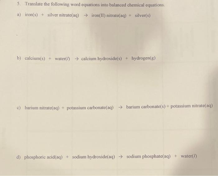 Solved 5 Translate The Following Word Equations Into