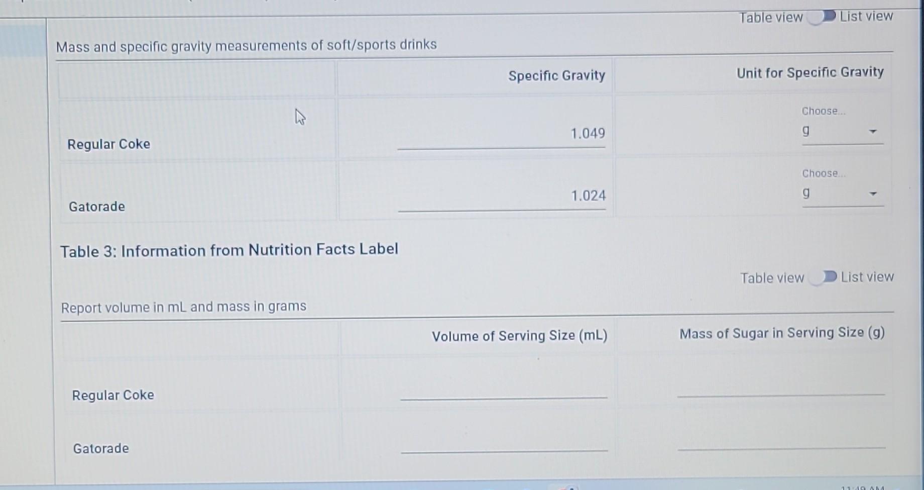 Solved Table view List view Mass and specific gravity | Chegg.com