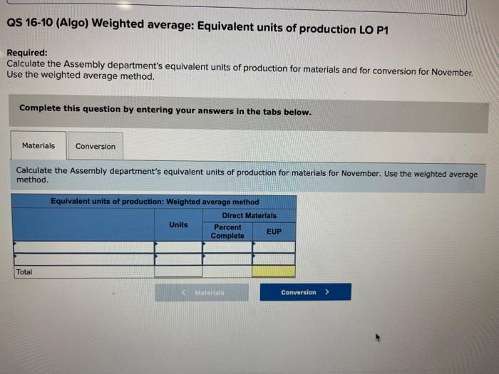 Solved QS 16-11 (Algo) Weighted average: Cost per EUP | Chegg.com