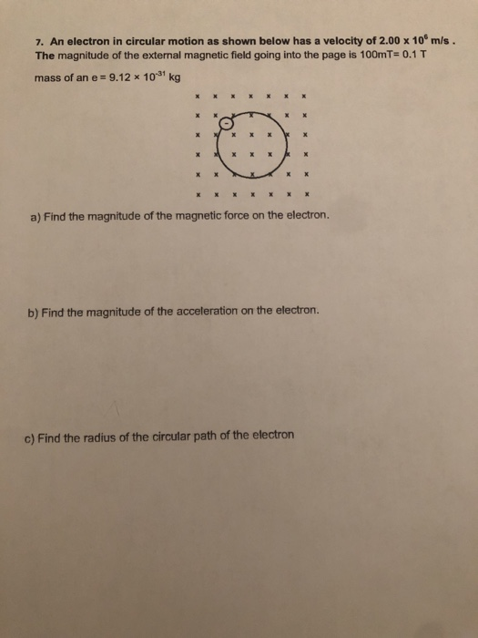 Solved 7. An electron in circular motion as shown below has | Chegg.com