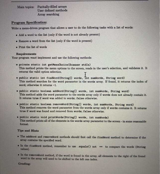 Solved Main topics: Paritally-filled arrays User defined | Chegg.com