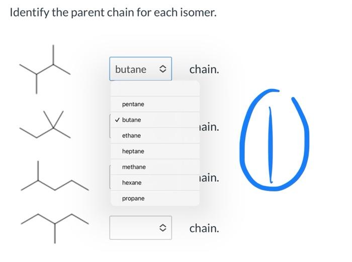 Solved Identify the parent chain for each isomer. } butane | Chegg.com