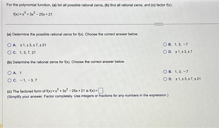 Solved For the polynomial function, (a) list all possible | Chegg.com