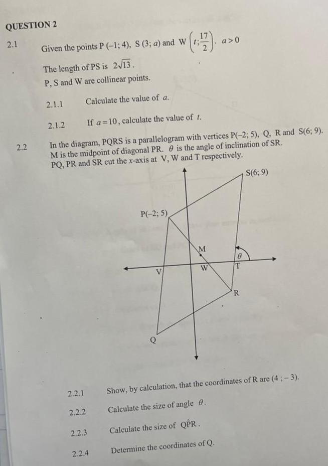 Solved QUESTION 2 2.1 Given the points P (-1; 4), S (3; a) | Chegg.com