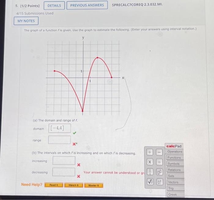 Solved 5. [1/2 Points] 4/15 Submissions Used MY NOTES domain | Chegg.com
