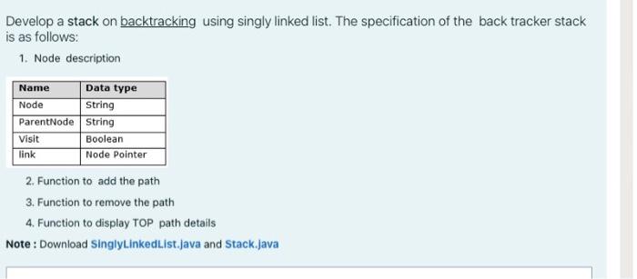 Develop a stack on backtracking using singly linked | Chegg.com