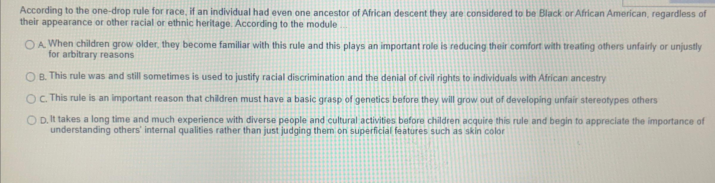 Solved According to the one-drop rule for race, if an | Chegg.com