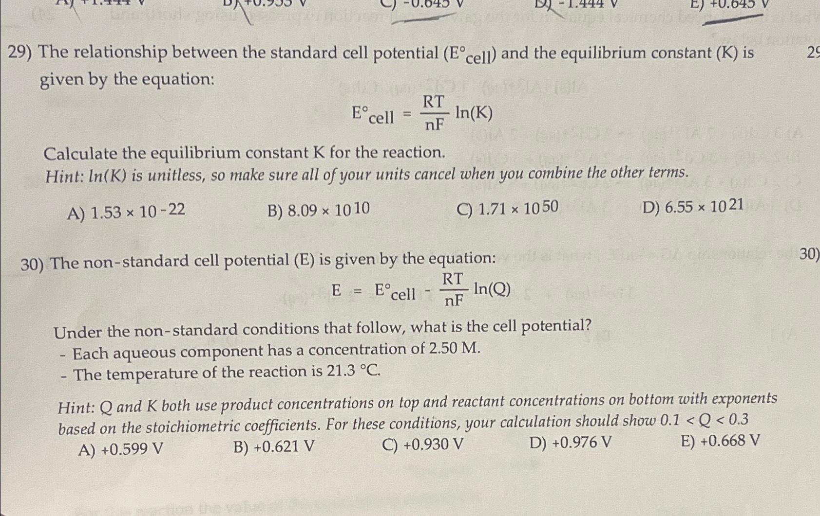 Solved The relationship between the standard cell potential | Chegg.com