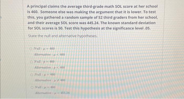 Solved A principal claims the average third-grade math SOL | Chegg.com