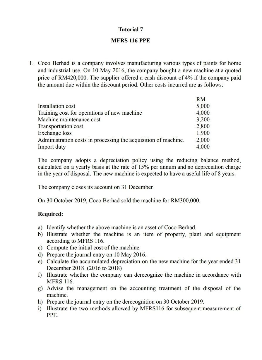 Solved Tutorial 7 MFRS 116 PPE 1. Coco Berhad is a company | Chegg.com