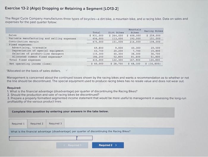 Solved Exercise 13-2 (Algo) Dropping or Retaining a Segment | Chegg.com
