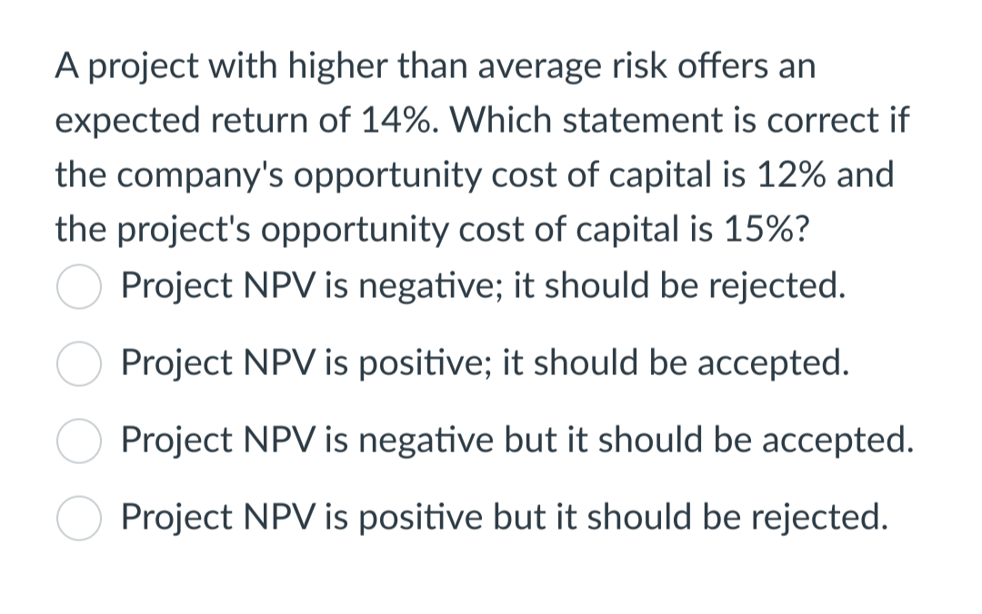 Solved A project with higher than average risk offers an | Chegg.com