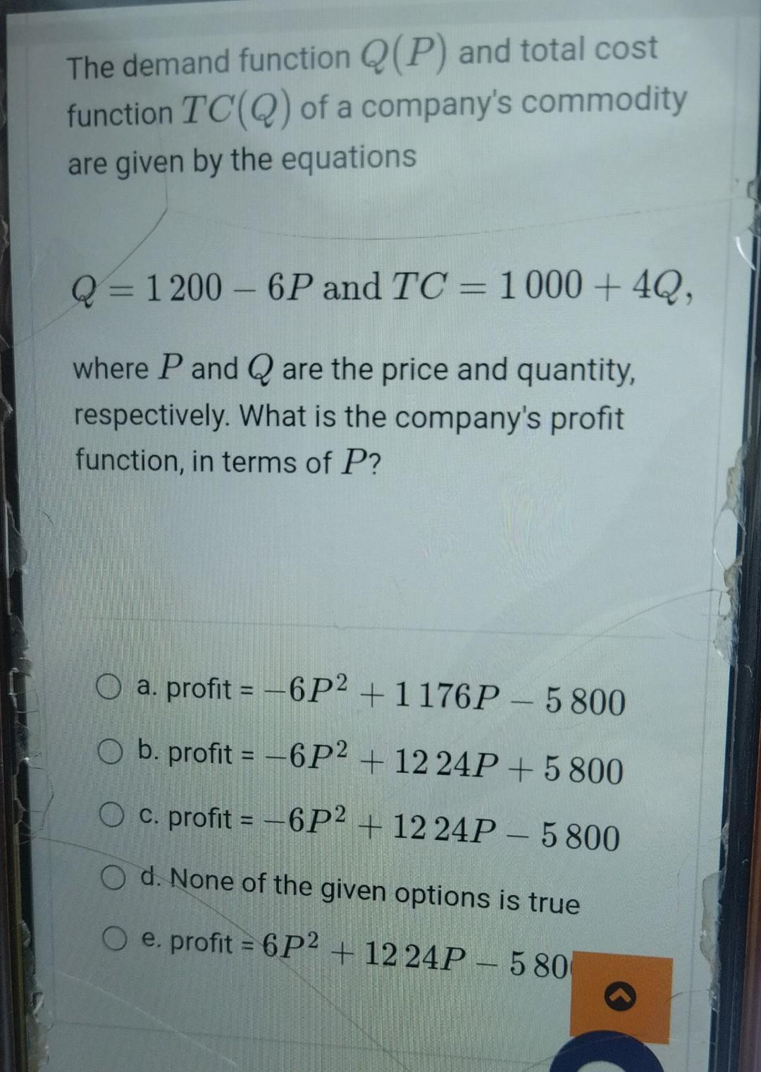 Solved The demand function Q(P) and total cost function | Chegg.com