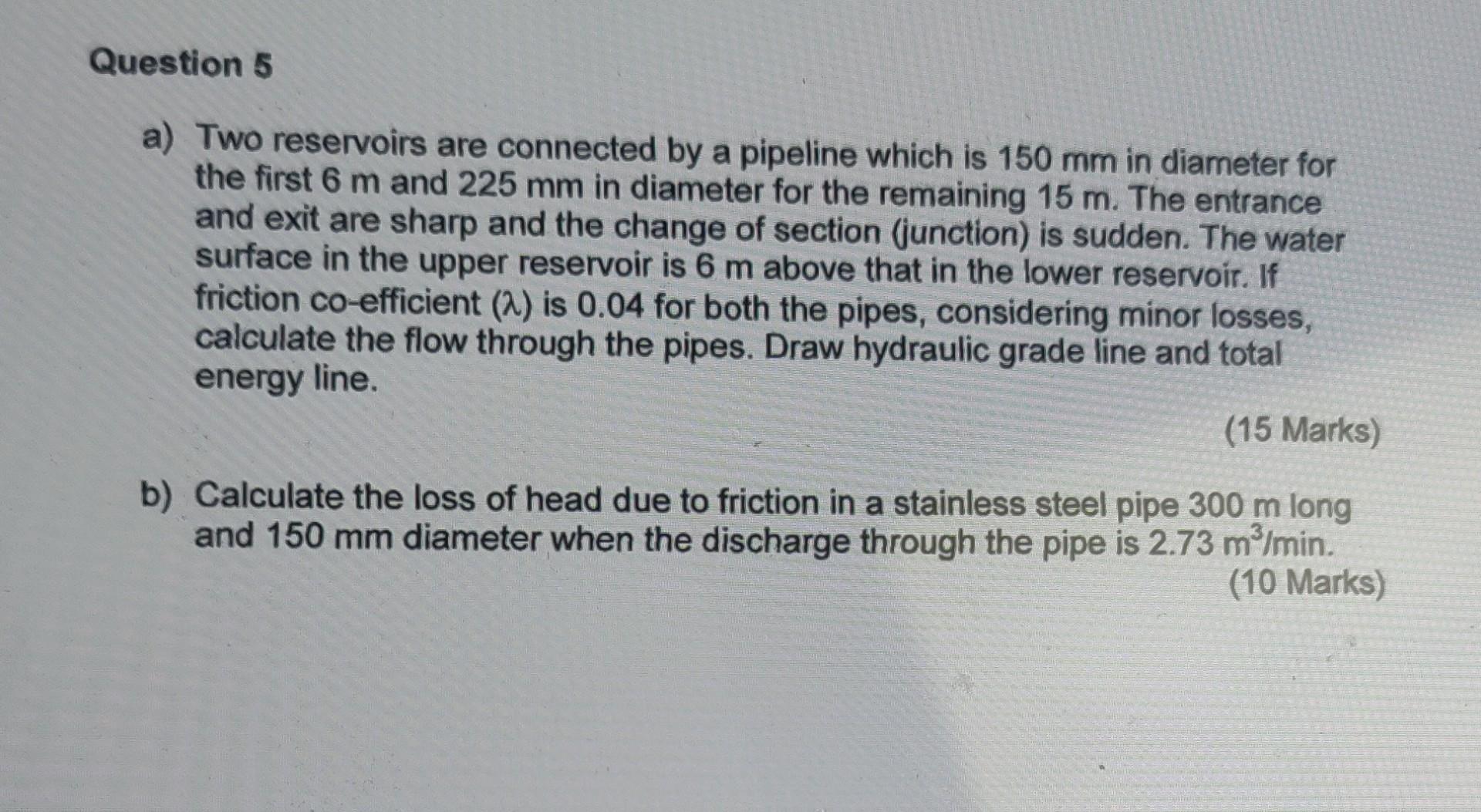 Question 5 a) Two reservoirs are connected by a | Chegg.com