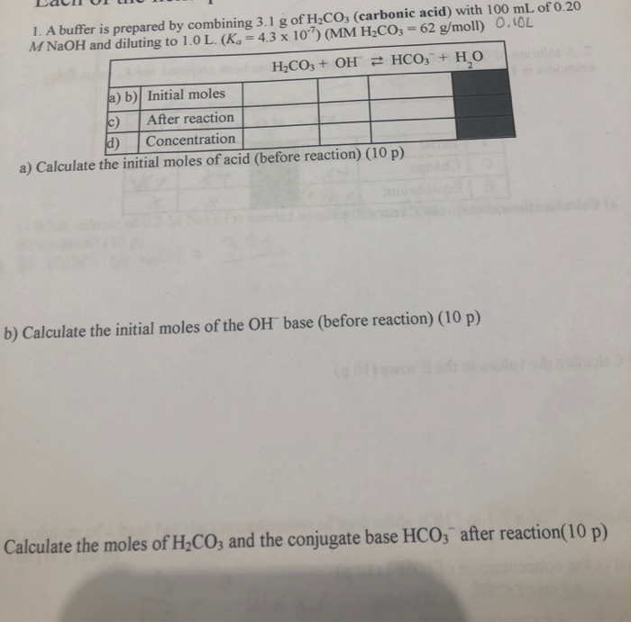 Solved 1. A buffer is prepared by combining 3.1 g of H2CO3 | Chegg.com