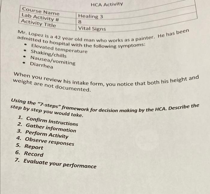 Solved HCA Activity Course Name Lab Activity # Activity | Chegg.com