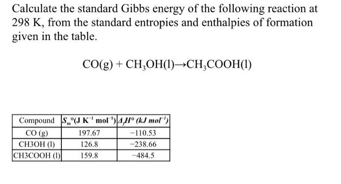 Solved Calculate the standard Gibbs energy of the following | Chegg.com